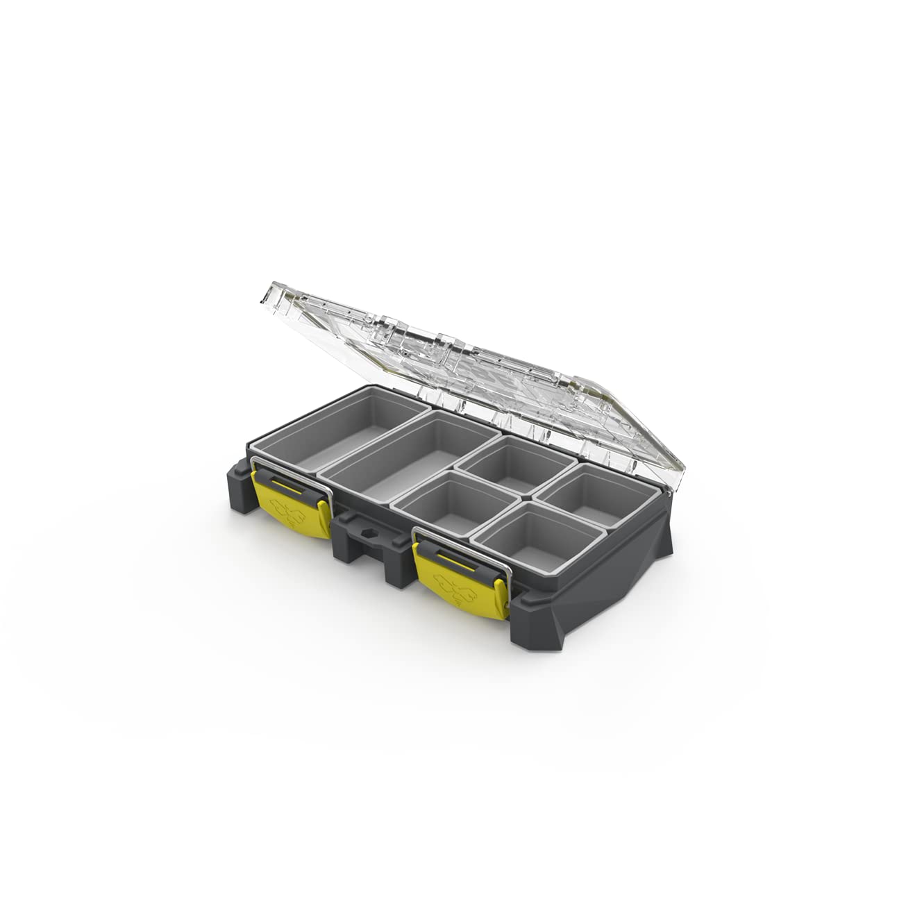 BUZBE Colony 8T (Thin) Modular Tackle Box, Customizable Waterproof Tackle Box, Plastic Organizer Box, Fishing Tackle Storage, Small Parts Box, Terminal Tackle Storage, Grey and Yellow