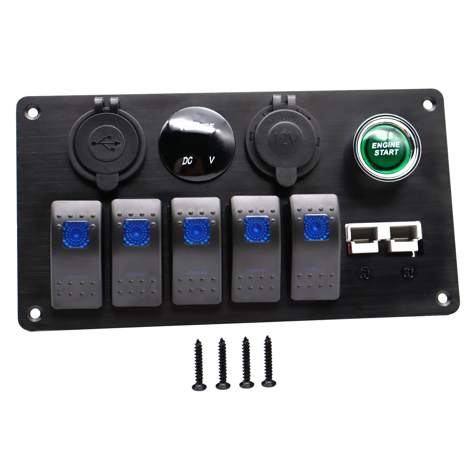 Cigarette Lighter Power Socket Panel, LOKEKE Waterproof 5 Gang Marine Boat Rocker Toggle Switch Panel with Engine Start Push Button + LED Voltmeter + Anderson Connector + Dual USB Socket for RV Truck