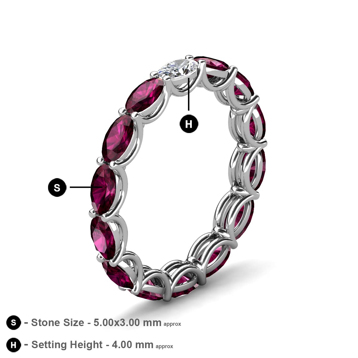 Oval Shape Moissanite & Rhodolite Garnet 4.82 ctw Set In Gorgeous Drape Like Basket Setting Eternity Stackable ring 14K Yellow Gold-9.0