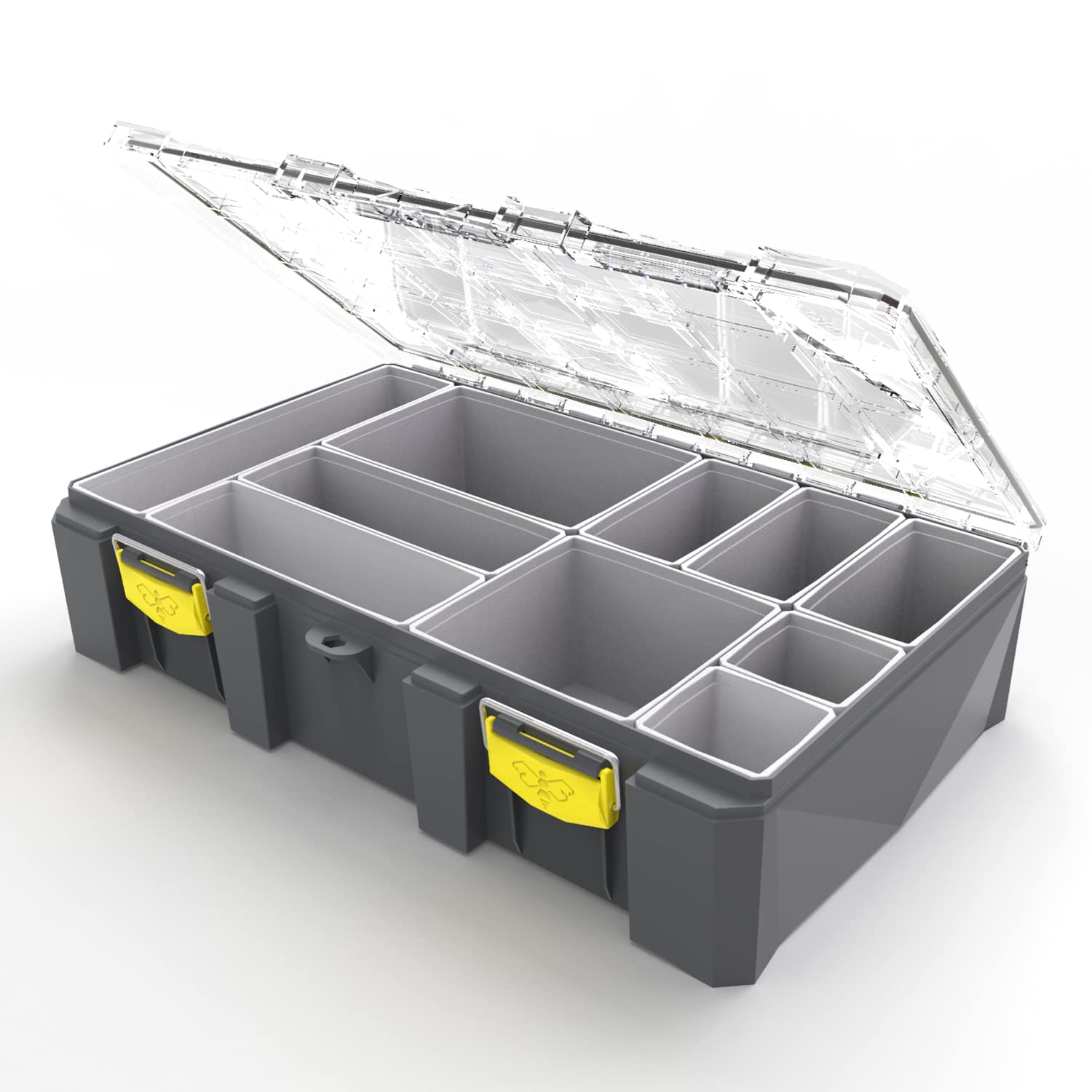 BUZBE Colony 28D (Deep) Modular Tackle Box, Waterproof Tackle Box, Customizable Fishing Box, Plastic Storage Organizer Box, Saltwater Tackle Box, Parts Box, Grey and Yellow