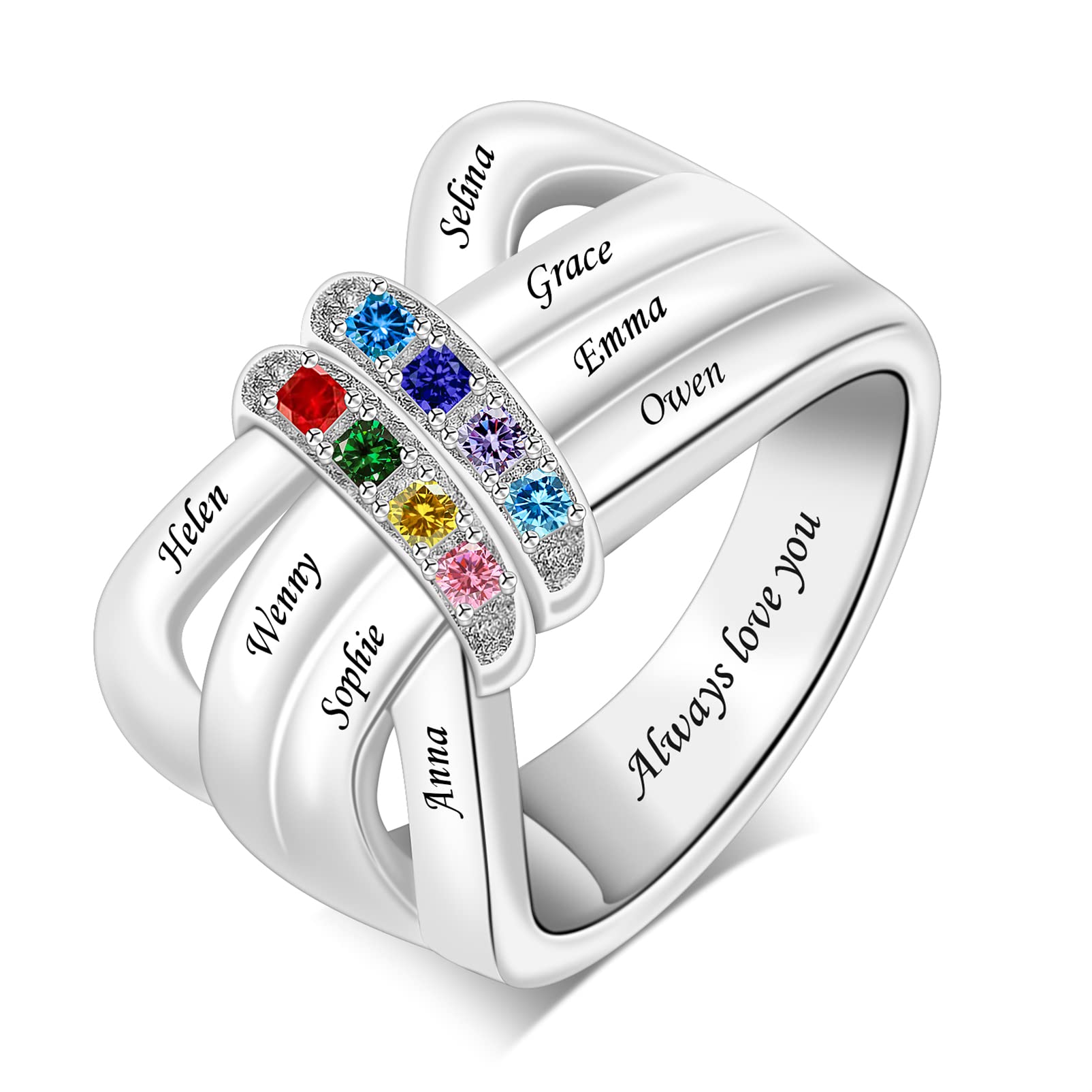 MissNaNa Custom Mother Rings with 1-8 Birthstones & Names Free Engraving Personalized Birthstone Ring Mom Birthstone Ring for Women Wife Grandma