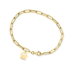 canaria 10kt yellow gold paw print charm paper clip link bracelet. 7 inches