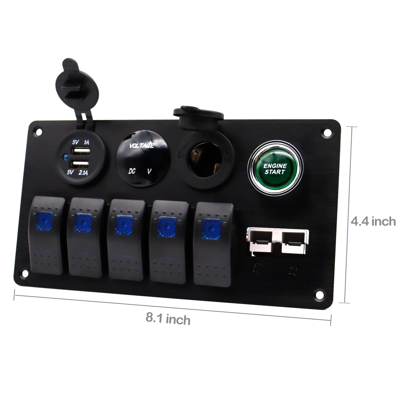 Cigarette Lighter Power Socket Panel, LOKEKE Waterproof 5 Gang Marine Boat Rocker Toggle Switch Panel with Engine Start Push Button + LED Voltmeter + Anderson Connector + Dual USB Socket for RV Truck