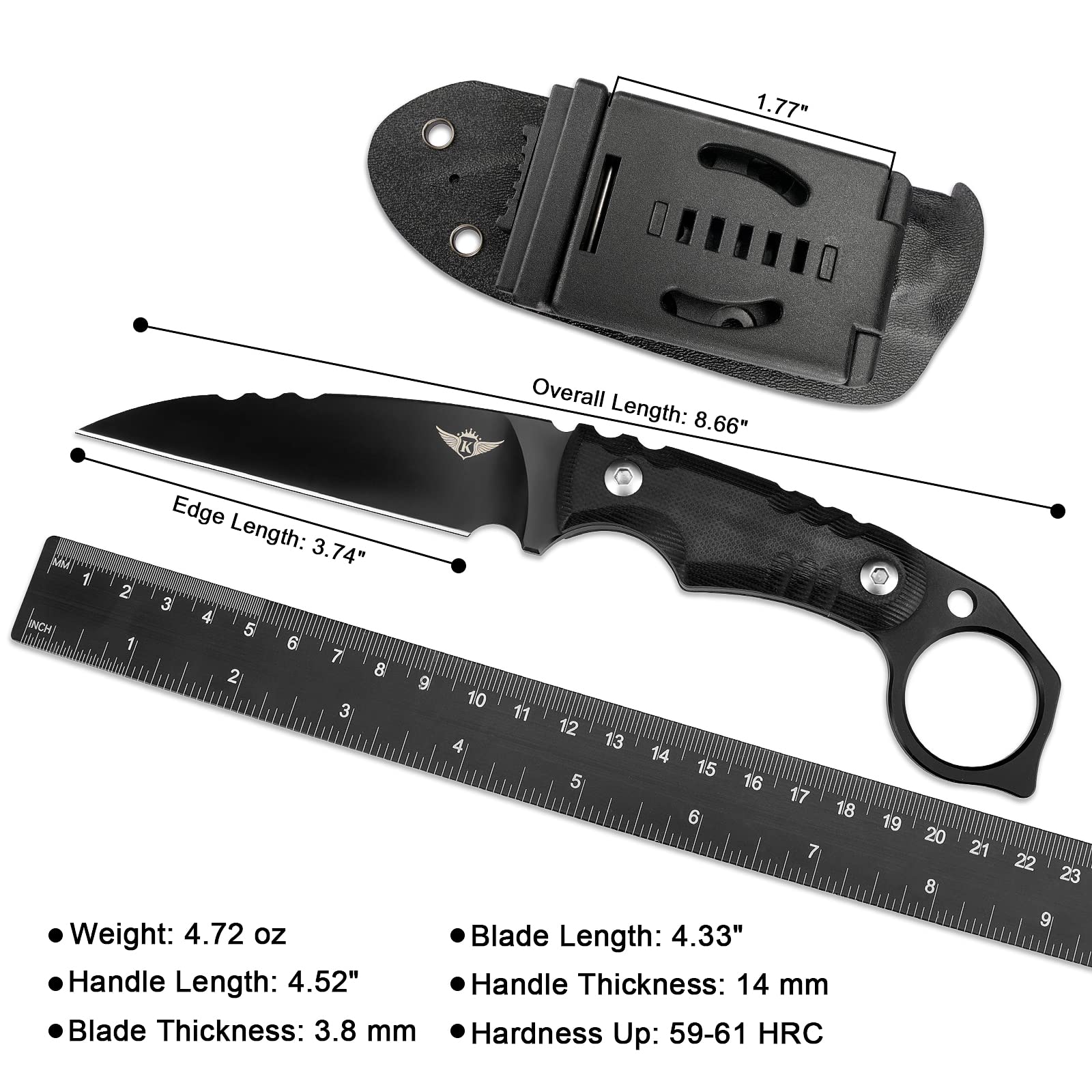 KOMWERO Outdoor Camping Knife, 8.66" Fixed Blade Knife with D2 Steel Black Titanium Coated Blade and G10 Handle, EDC Knife Full Tang with Kydex Sheath for Adventure Survival (Black)