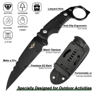 KOMWERO Outdoor Camping Knife, 8.66" Fixed Blade Knife with D2 Steel Black Titanium Coated Blade and G10 Handle, EDC Knife Full Tang with Kydex Sheath for Adventure Survival (Black)