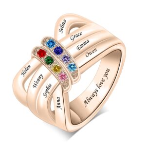 MissNaNa Custom Mother Rings with 1-8 Birthstones & Names Free Engraving Personalized Birthstone Ring Mom Birthstone Ring for Women Wife Grandma