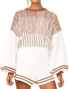 gihuo women' s striped 2 piece outfits crewneck knit pullover sweater shorts set wide leg matching set loungewear(brown-m)