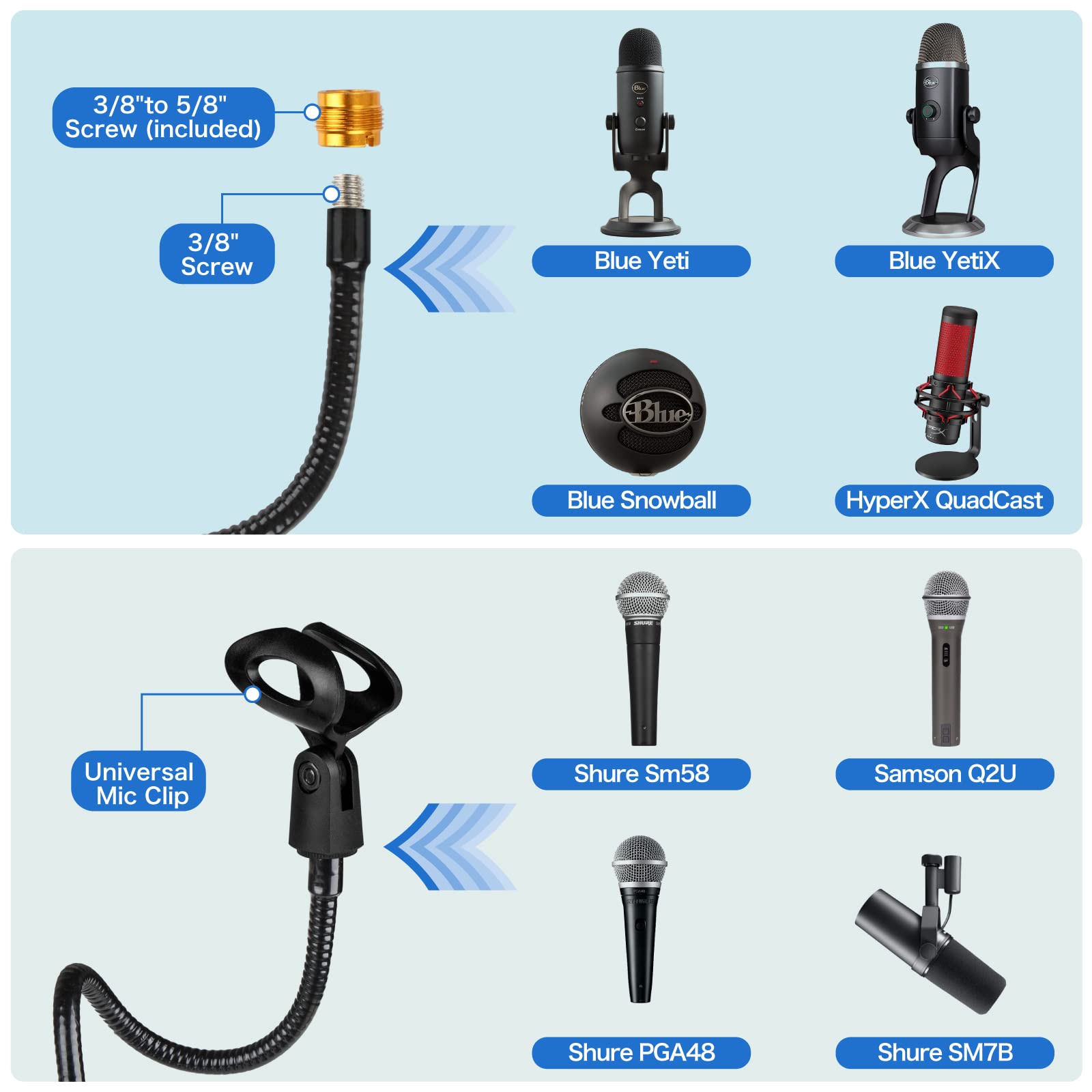 Desktop Mic Stand 13" Flexible Gooseneck Microphone Stand Desk Universal Microphone/Phone Stand Holder with Heavy Duty Desk Clamp, Mic Clip, 3/8" to 5/8" Screw Adapter for Blue Yeti, Shure, Other Mic