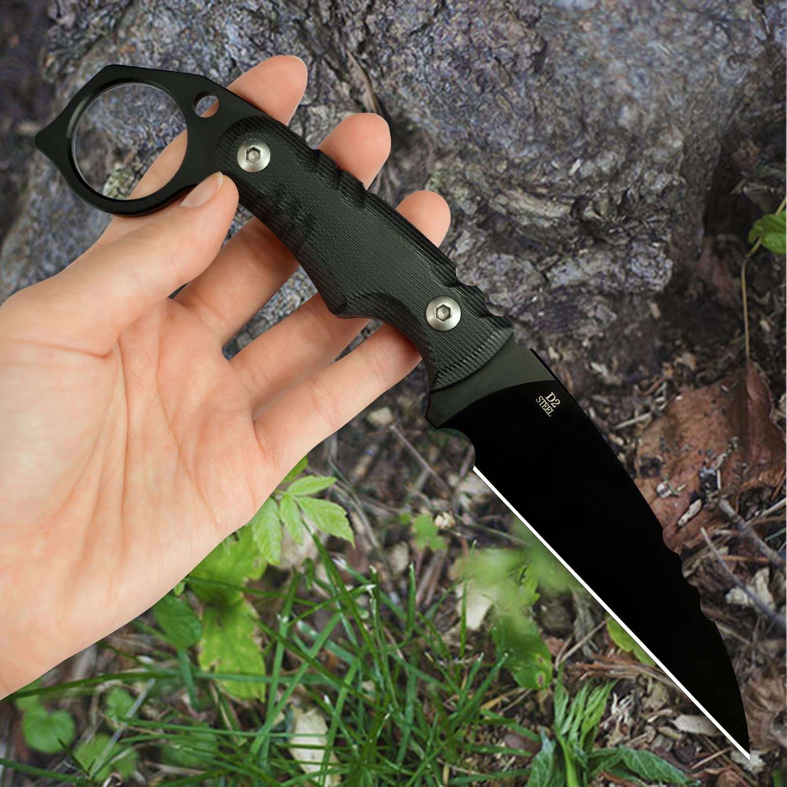 KOMWERO Outdoor Camping Knife, 8.66" Fixed Blade Knife with D2 Steel Black Titanium Coated Blade and G10 Handle, EDC Knife Full Tang with Kydex Sheath for Adventure Survival (Black)