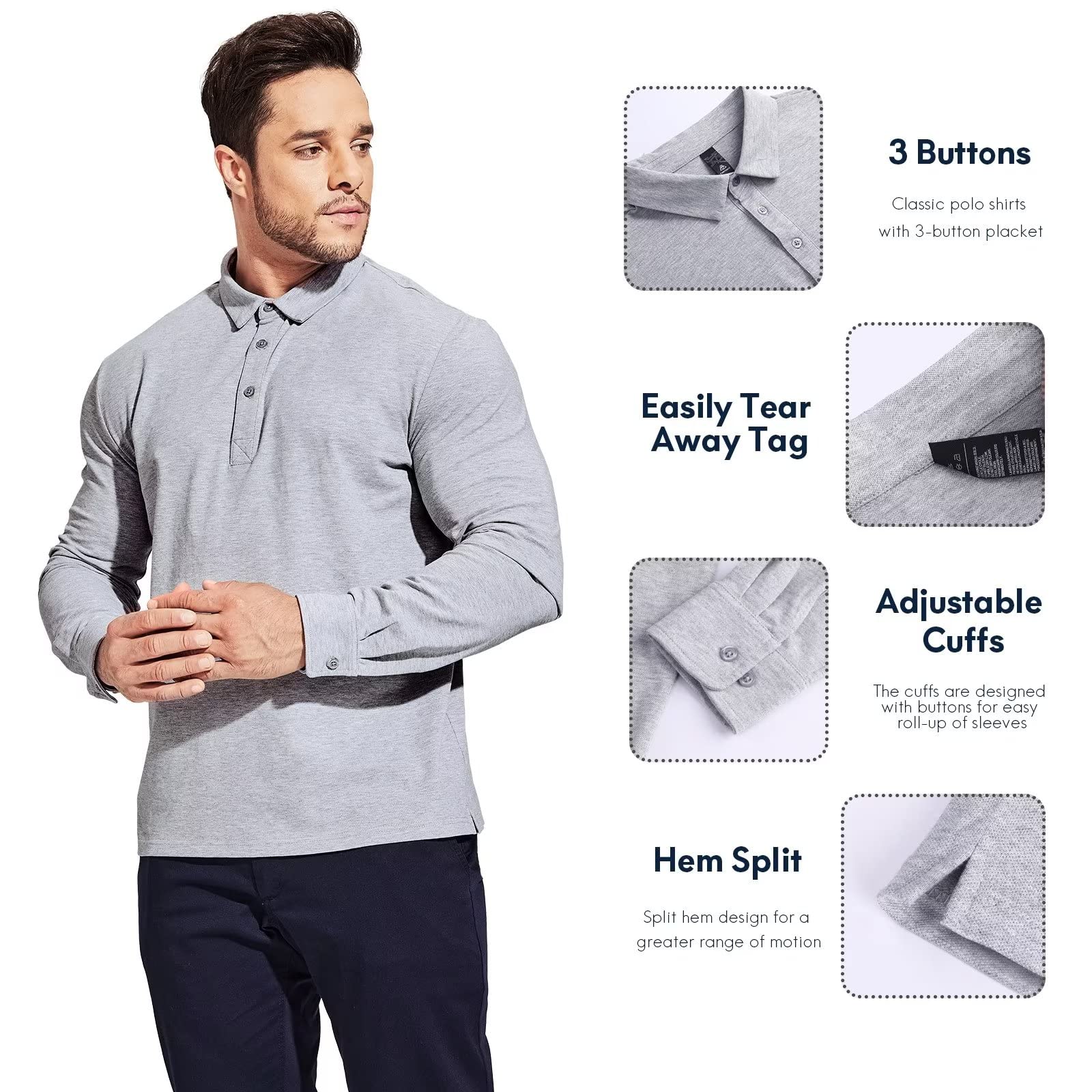 Haimont Polo Shirts for Men Long Sleeve Collared Golf Tshirts, Regular Fit, Heather Grey, L