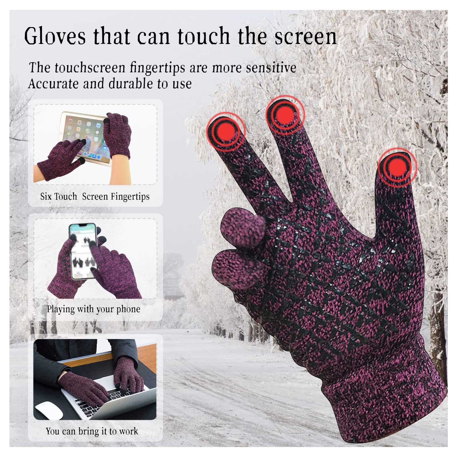 FuninCrea Winter Knit Gloves, Men Women Touch Screen Cold Weather Gloves, Full Finger Soft Warm Anti Slip Gloves for Hiking, Fishing, Cycling (Black-Pink, Large)