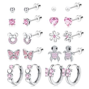 thunaraz 10 pairs hypoallergenic screwback earrings for women 316l stainless steel cz heart hoop earrings cute flower butterfly screw back stud earrings set 20g