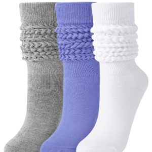 JOCMIC Slouch Socks for Woman 3 Pairs Women Scrunch Socks Extra Long Knee High Slouchy Socks Size 6-11 Grey+Blue+White