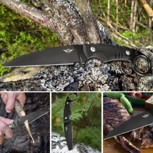 KOMWERO Outdoor Camping Knife, 8.66" Fixed Blade Knife with D2 Steel Black Titanium Coated Blade and G10 Handle, EDC Knife Full Tang with Kydex Sheath for Adventure Survival (Black)