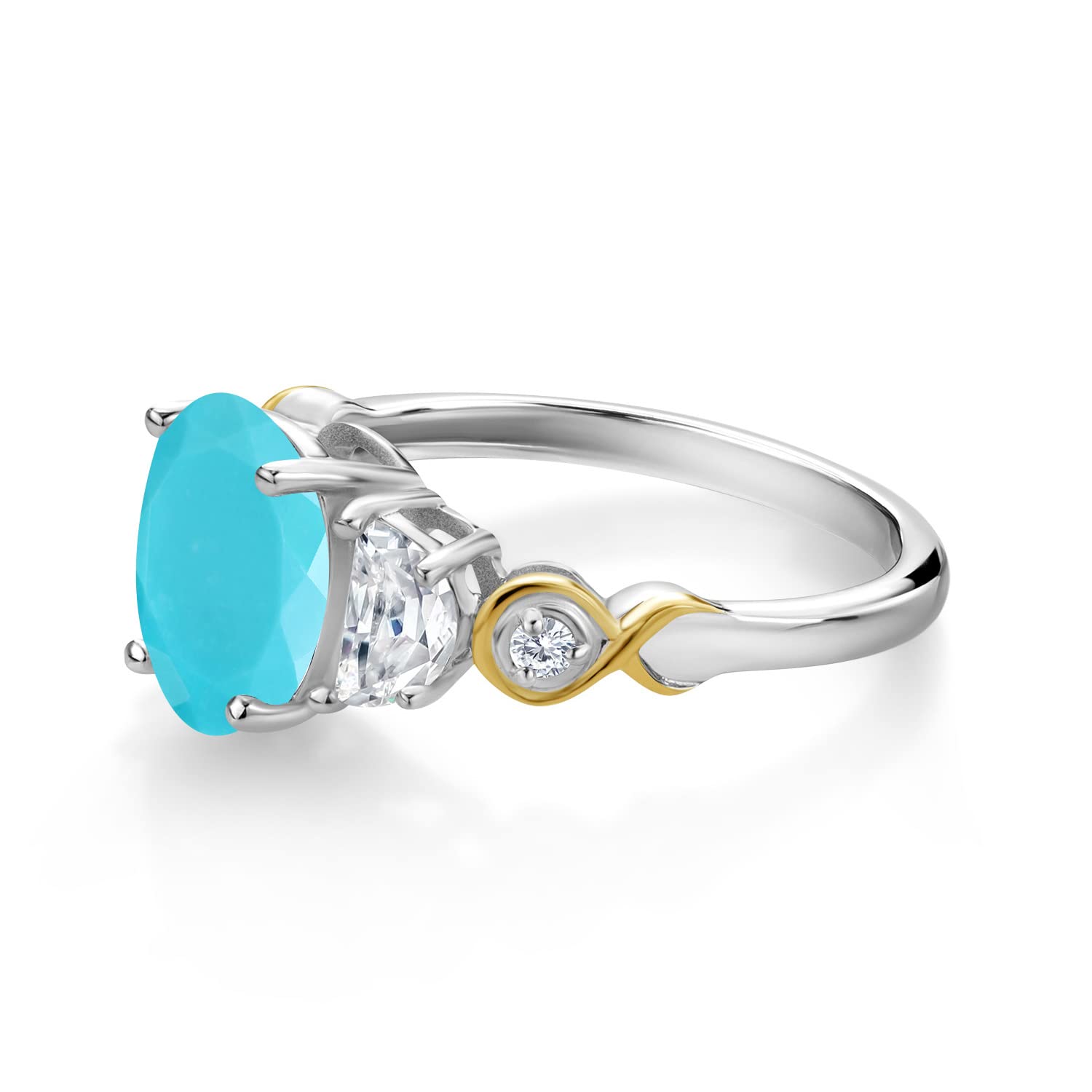 Gem Stone King 925 Silver and 10K Yellow Gold Oval Green Turquoise and Moissanite 3-Stone Ring For Women (2.00 Cttw, Available In Size 5, 6, 7, 8, 9)