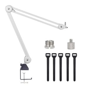 komison microphone arm stand, mic arm microphone suspension scissor boom stands heavy duty and cable ties for blue yeti snowball for gaming, recording, quadcast (ms-white)