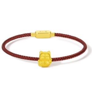 ZHOU LIU FU 24K Solid Gold Bracelet Real Gold Lucky Cat Charm Bracelet Yellow Gold Jewelry Fortune Cat Charm Bracelet for Women Red Bracelets (24K Solid Gold, 17cm /6.69 inch)