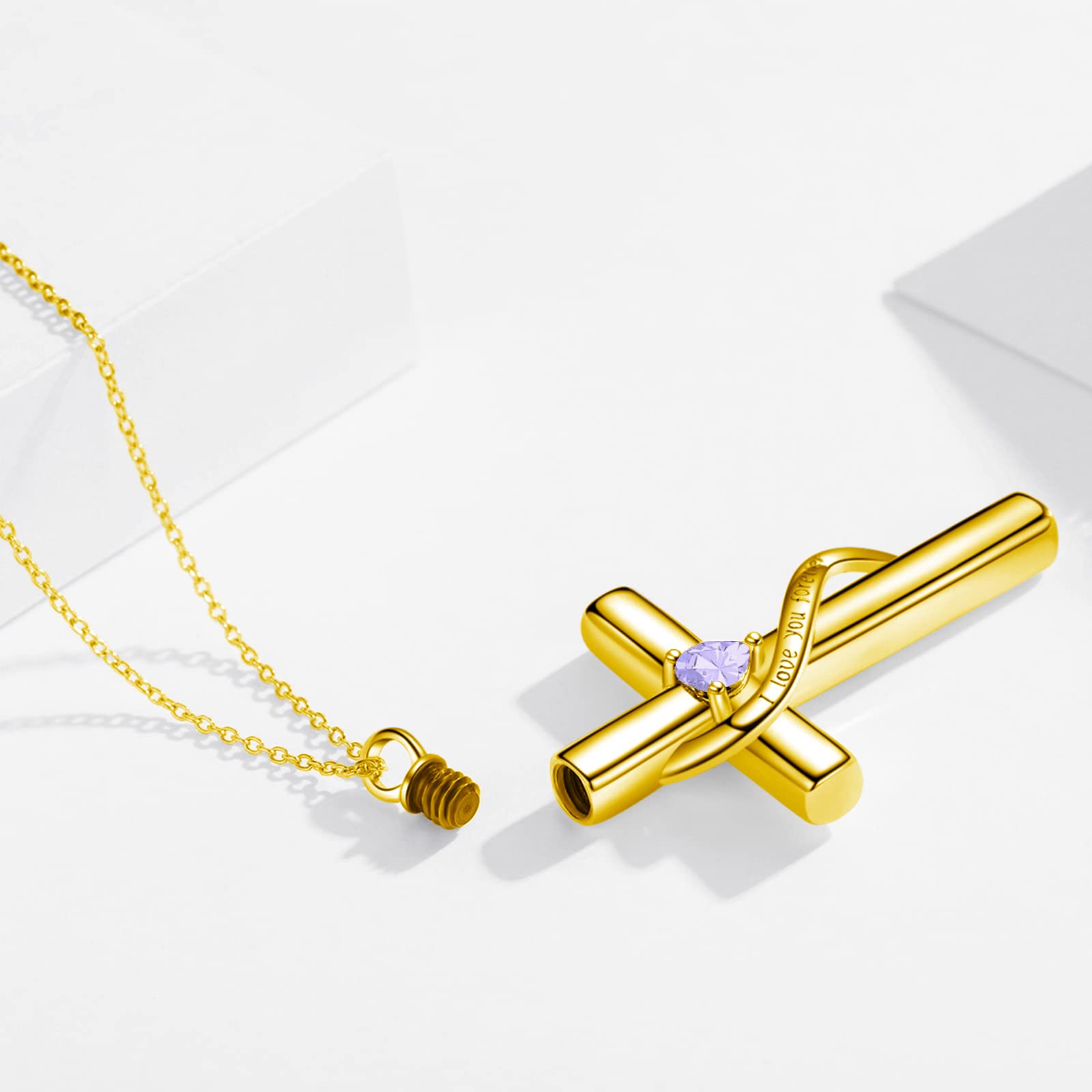 SOULMEET Crystal Cross Necklace for Ashes, Gold Plated Silver I Love You Forever Birthstone June Cross Urn Necklaces for Ashes Keepsake Cremation Jewelry for Pet Human Ashes