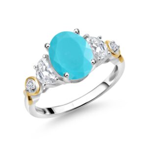 gem stone king 925 silver and 10k yellow gold oval green turquoise and moissanite 3-stone ring for women (2.00 cttw, available in size 5, 6, 7, 8, 9)