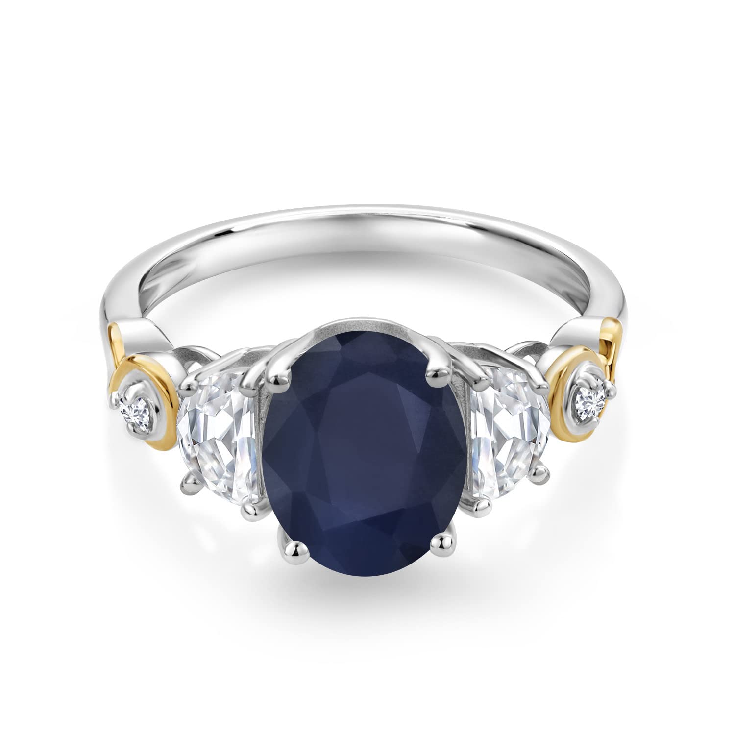 925 Silver and 10K Yellow Gold Oval Blue Sapphire White Moissanite and Lab Grown Diamond 3-Stone Wedding Engagement Anniversary Promise Ring For Women (2.70 Cttw, Available In Size 5, 6, 7, 8, 9)