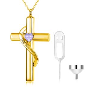 soulmeet crystal cross necklace for ashes, gold plated silver i love you forever birthstone june cross urn necklaces for ashes keepsake cremation jewelry for pet human ashes