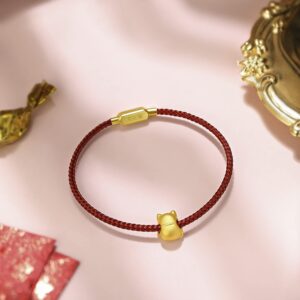 ZHOU LIU FU 24K Solid Gold Bracelet Real Gold Lucky Cat Charm Bracelet Yellow Gold Jewelry Fortune Cat Charm Bracelet for Women Red Bracelets (24K Solid Gold, 17cm /6.69 inch)