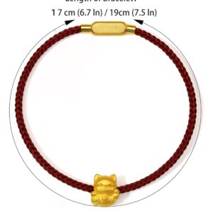 ZHOU LIU FU 24K Solid Gold Bracelet Real Gold Lucky Cat Charm Bracelet Yellow Gold Jewelry Fortune Cat Charm Bracelet for Women Red Bracelets (24K Solid Gold, 17cm /6.69 inch)