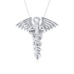 poshadime caduceus necklace for women 925 sterling silver doctor nurse themed pendant angel wings snake jewelry 1/20 carat round cut diamond 18" chain necklace (i-j color, metal stone, diamond