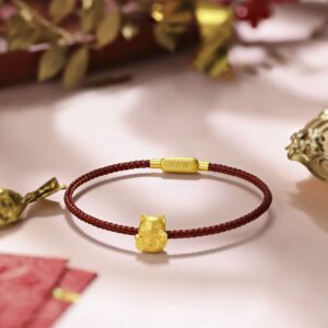 ZHOU LIU FU 24K Solid Gold Bracelet Real Gold Lucky Cat Charm Bracelet Yellow Gold Jewelry Fortune Cat Charm Bracelet for Women Red Bracelets (24K Solid Gold, 17cm /6.69 inch)