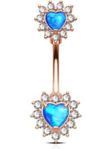 oufer 14g belly button rings, 316l surgical steel belly rings, double heart cubic zircon filigree opal navel rings belly piercing jewelry for women and men-blue