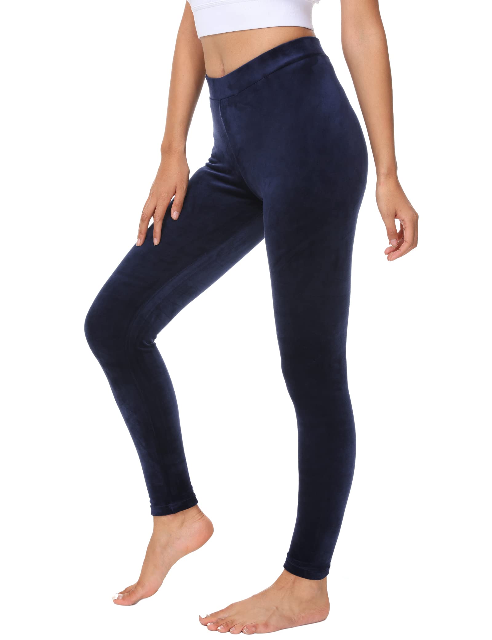 COZZYON Women Velour Leggings, High Waist Soft Leggings Warm Winter Velour Yoga Pants(Navy,M)