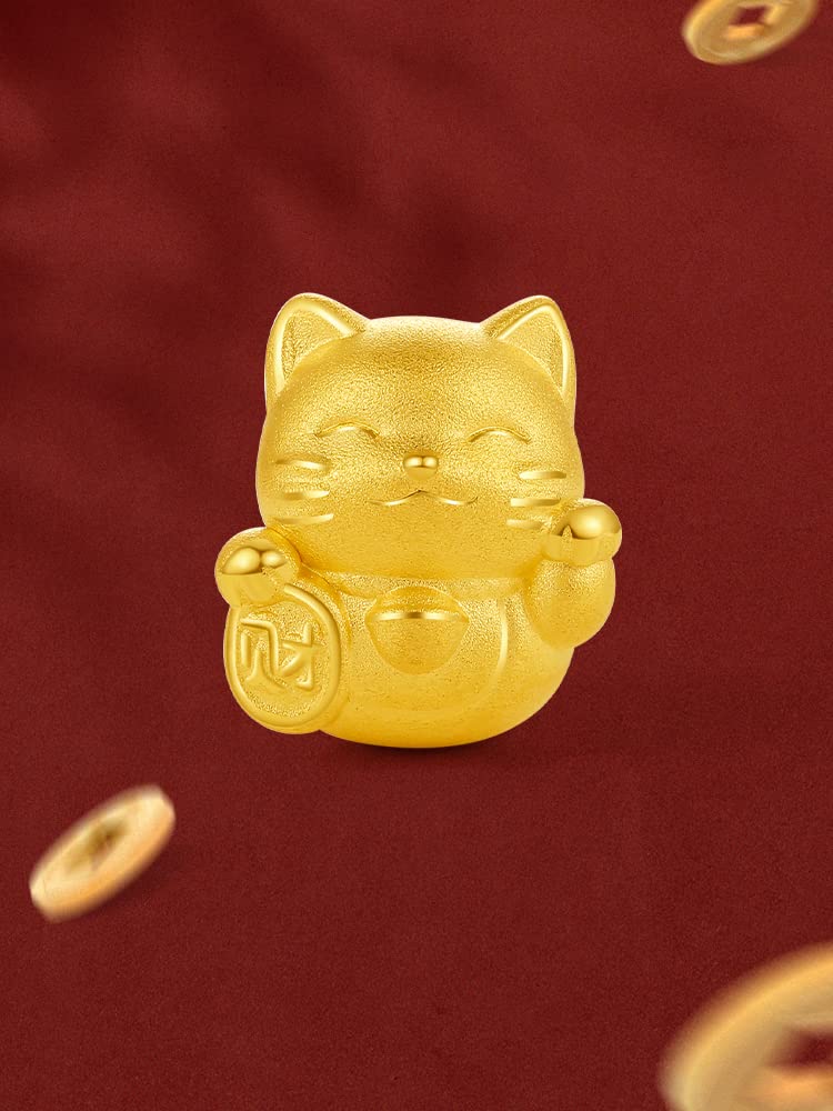 ZHOU LIU FU 24K Solid Gold Bracelet Real Gold Lucky Cat Charm Bracelet Yellow Gold Jewelry Fortune Cat Charm Bracelet for Women Red Bracelets (24K Solid Gold, 17cm /6.69 inch)