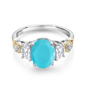 Gem Stone King 925 Silver and 10K Yellow Gold Oval Green Turquoise and Moissanite 3-Stone Ring For Women (2.00 Cttw, Available In Size 5, 6, 7, 8, 9)