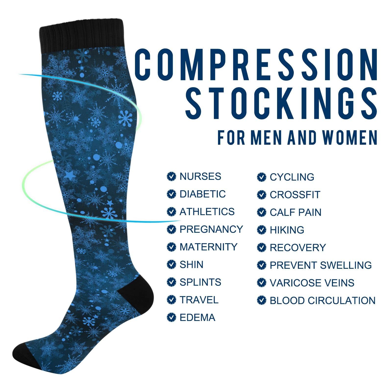 Kigai 1 Pair Winter Blue Snowflake Compression Socks 20-30mmHg Knee High Women Socks Tube Athletic Stockings for Men Sport Soccer Running Cycling Medical Nurse Winter Travel