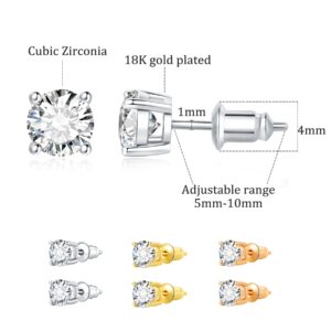 UnicoRing 3 Pairs Small Stud Earrings Set for Women Hypoallergenic 18K Gold Plated with 6mm Cubic Zirconia Men Earrings Studs (silver,rose,gold)