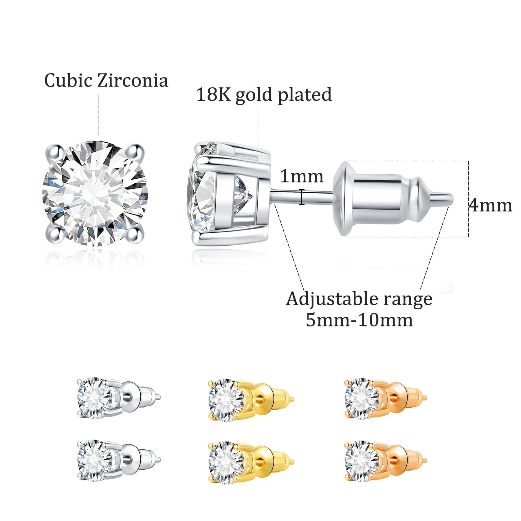 UnicoRing 3 Pairs Small Stud Earrings Set for Women Hypoallergenic 18K Gold Plated with 6mm Cubic Zirconia Men Earrings Studs (silver,rose,gold)