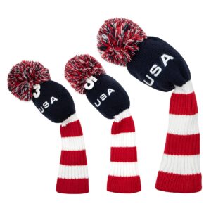 3pcs pom pom golf headcovers, 1 3 5 golf wood headcovers set, knitted golf club head cover, long neck golf club case protection, patriotism us flag pattern