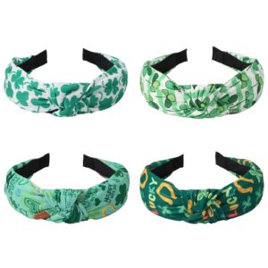 budsmile 4pcs st. patrick’s day headbands for women girls party gift non-slip green shamrock leaves knotted wide hairbands yoga hair band hair hoops