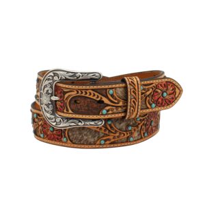 ariat ladies calf hair underlay red flower belt, tan, medium