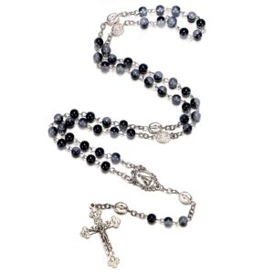 rnivida catholic black beads rosary for women, miraculous medal 6mm glass beads rosary necklace with virgin mary metal & cross