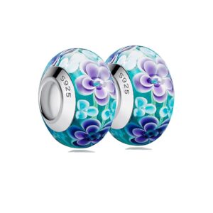 TIFVGEV 2pcs Murano Glass Charms for Pandora Bracelets Authentic 925 Sterling Silver Charms for Bracelets Lavender Flower Beads Charms for Women