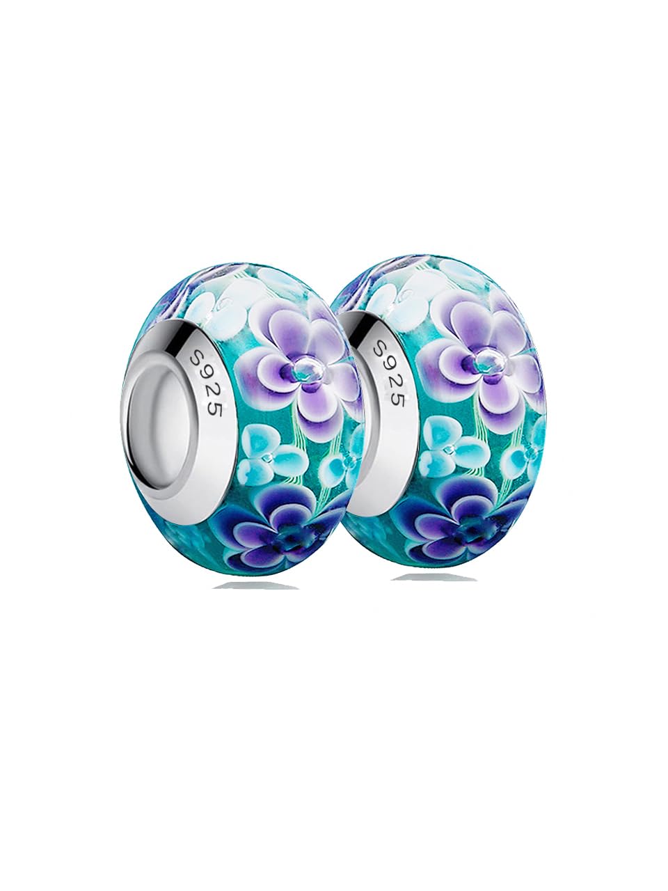 TIFVGEV 2pcs Murano Glass Charms for Pandora Bracelets Authentic 925 Sterling Silver Charms for Bracelets Lavender Flower Beads Charms for Women