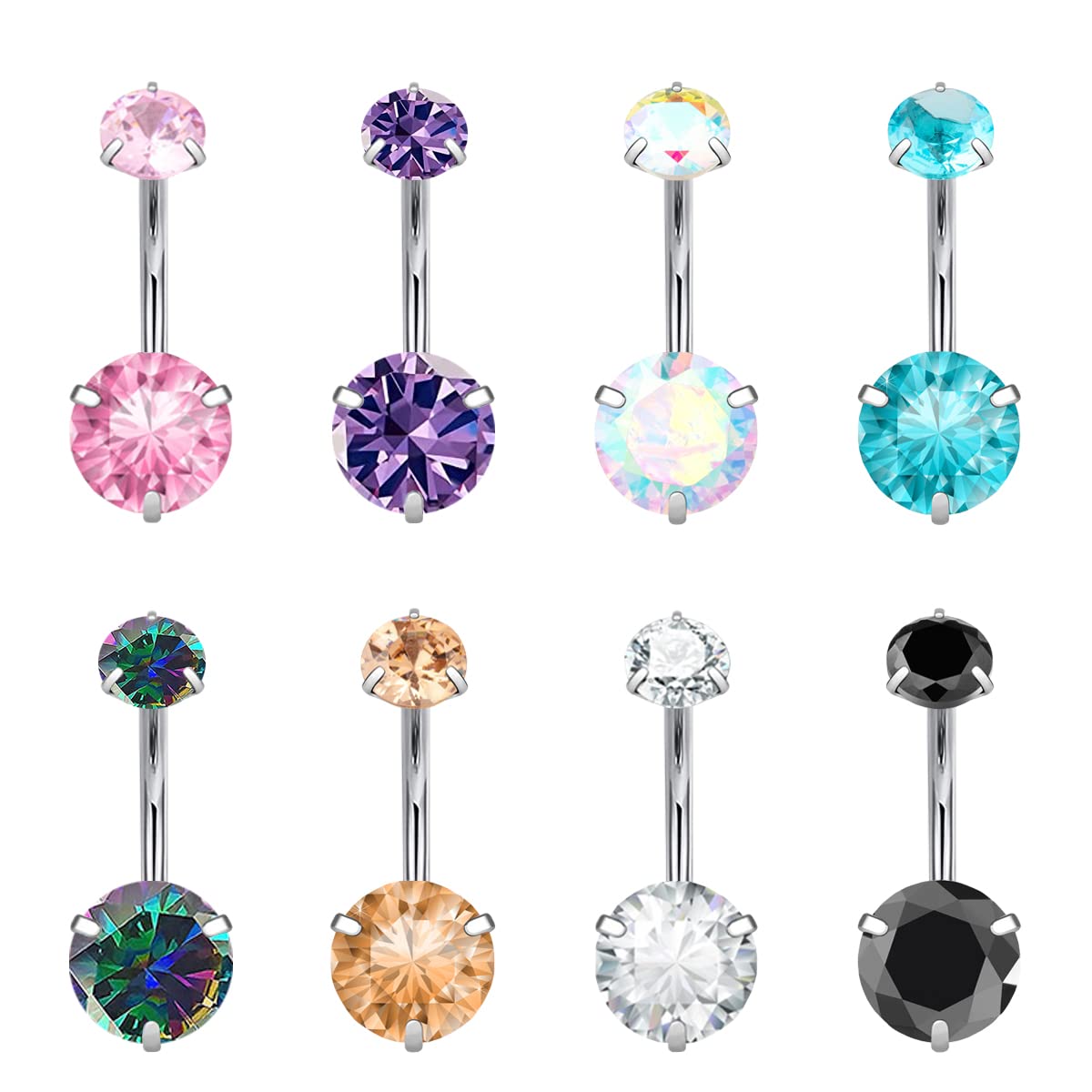 VANGOT 14G Surgical Steel Belly Button Rings for Women Round Color Cubic Zirconia Navel Ring Barbell Body Piercing