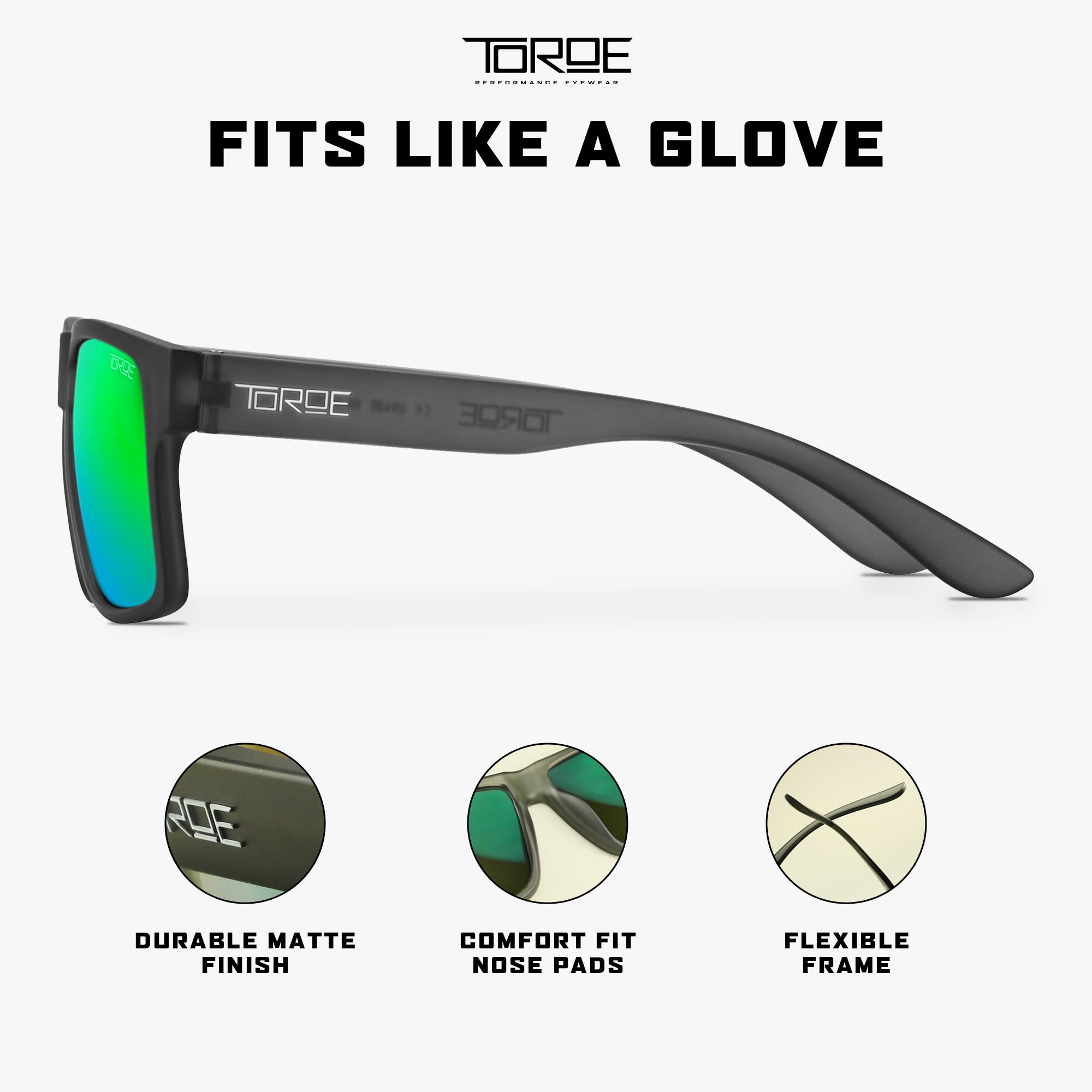 TOROE Special Emerald Green Polarized Polycarbonate Lens Script Sunglasses - Frost Gray TR90 Frame (Frost Gray | Midnight Green Lens)