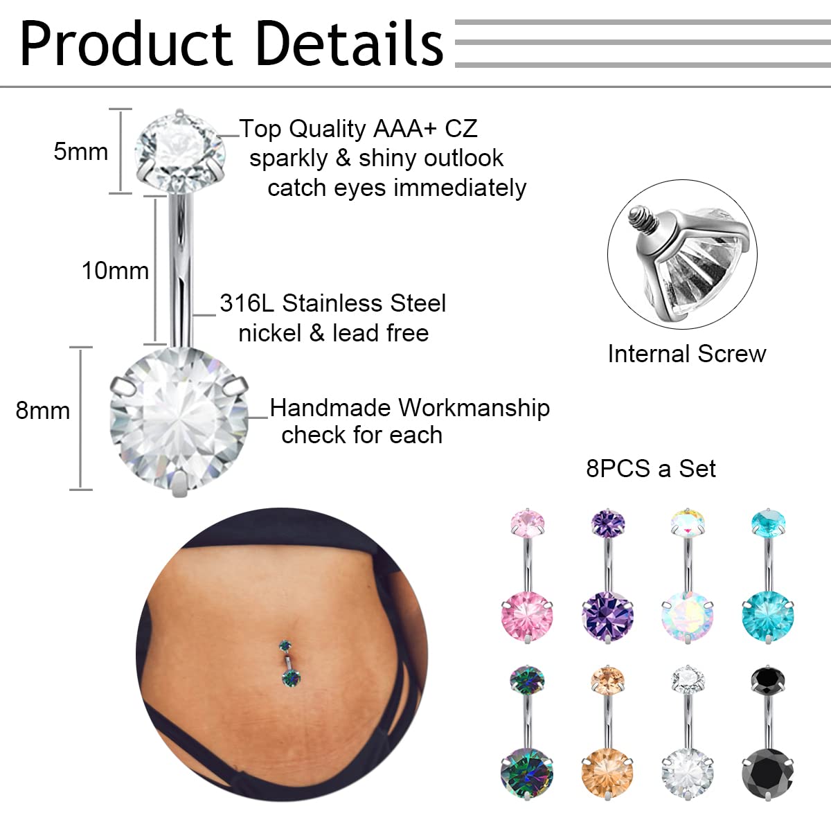 VANGOT 14G Surgical Steel Belly Button Rings for Women Round Color Cubic Zirconia Navel Ring Barbell Body Piercing