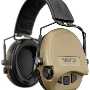 Sordin Supreme MIL AUX Active Ear Defenders - for Military & Special Forces - Leather Band & Foam Kits - Beige Ear Muffs