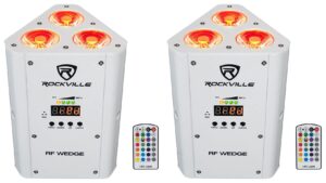 2 rockville rf wedge white rgbwa+uv battery wireless dmx dj up lights+rf remotes