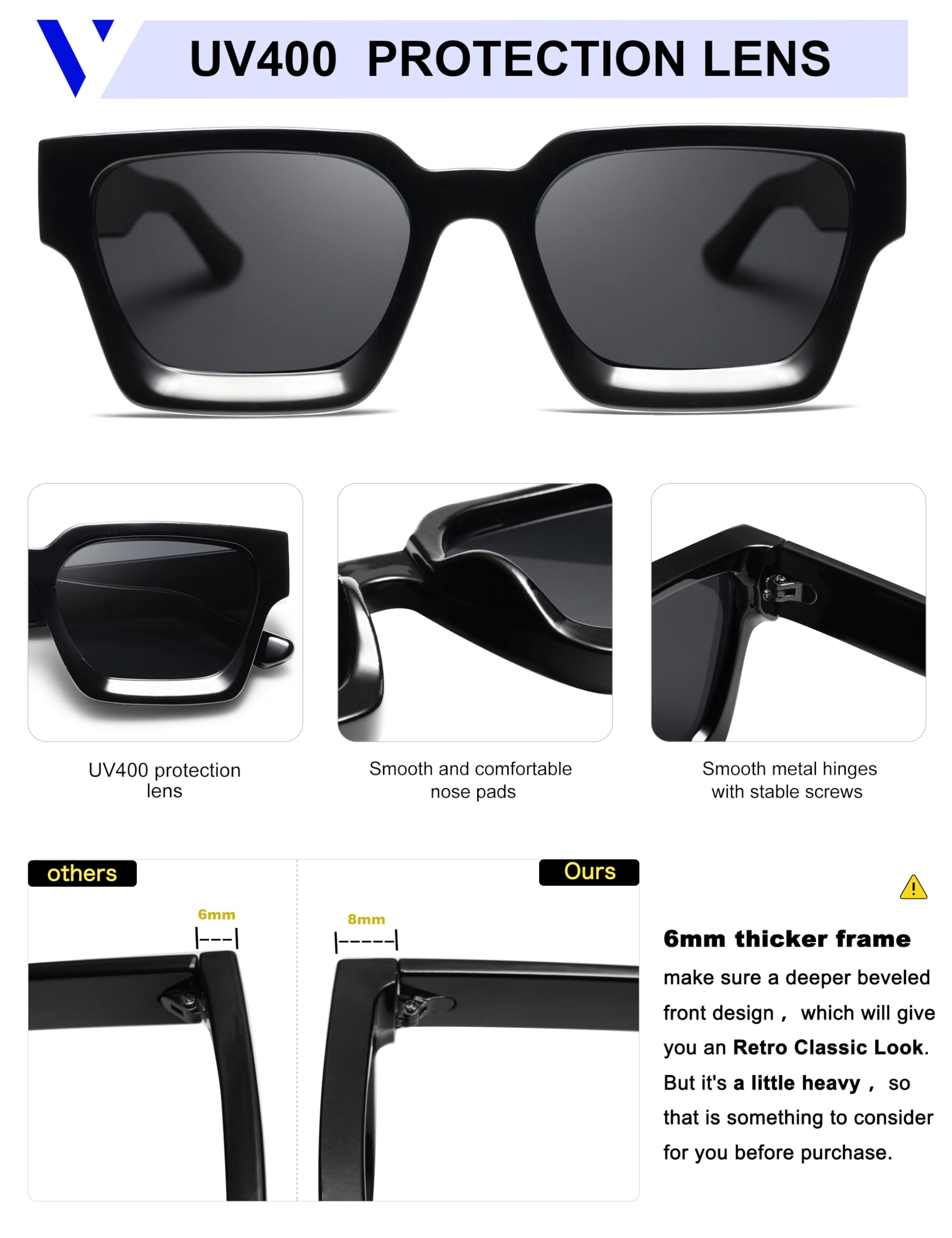 VANLINKER Black Thick Square Sunglasses for Men Women Trendy 2023 Retro Chunky Rectangle Shades Designer Sun Glasses VL9731