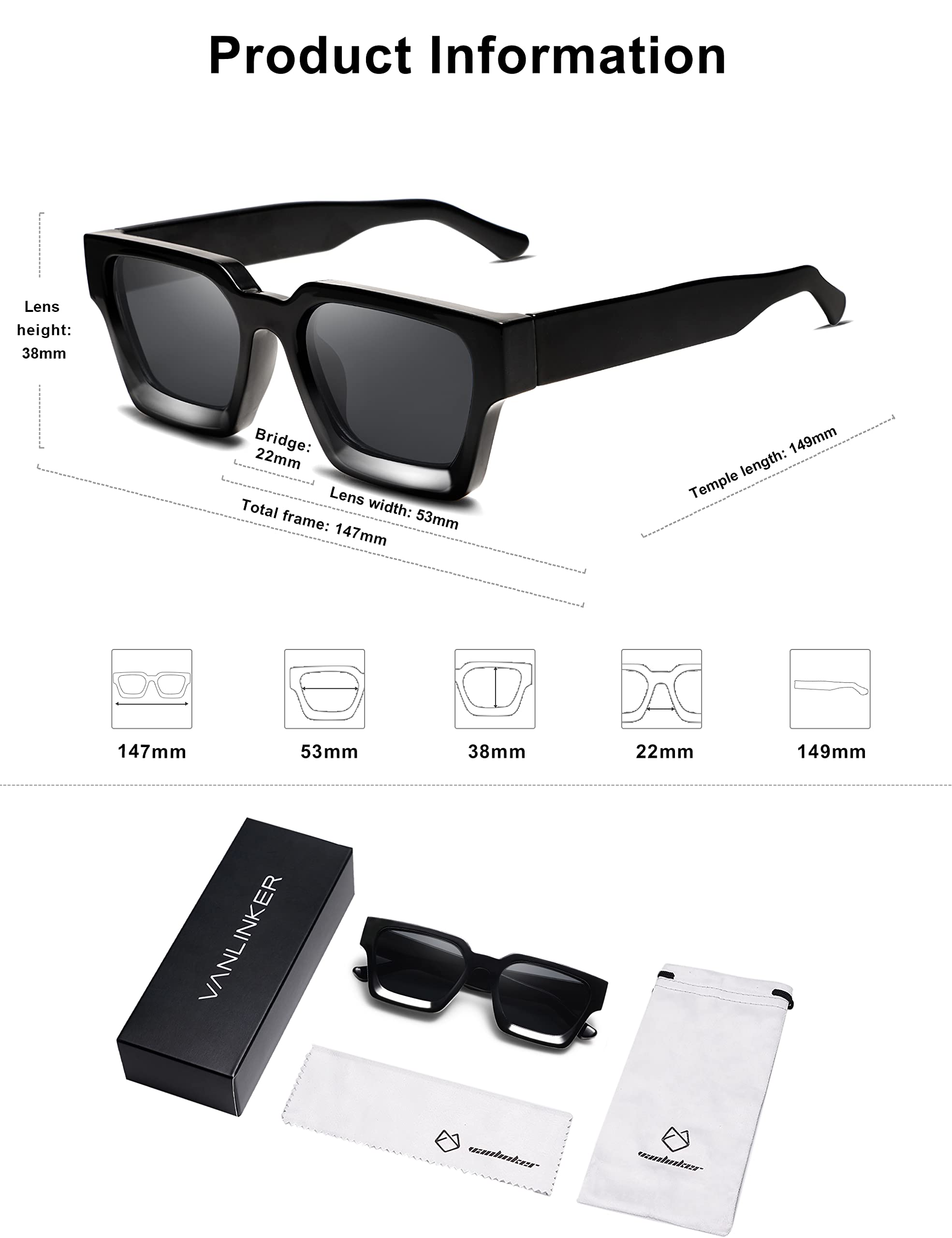 VANLINKER Black Thick Square Sunglasses for Men Women Trendy 2023 Retro Chunky Rectangle Shades Designer Sun Glasses VL9731