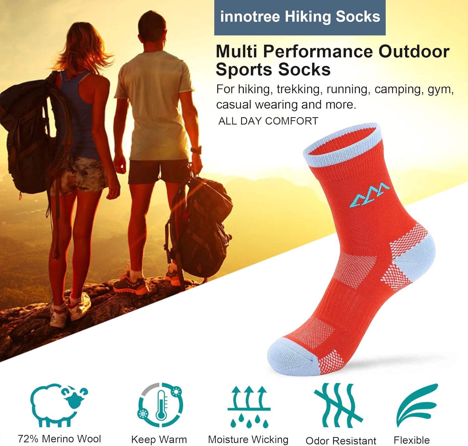 innotree 3 Pack Women's Merino Wool Hiking Socks, Half Cushioned Hiking Thermal Socks Moisture Wicking Micro Crew Socks